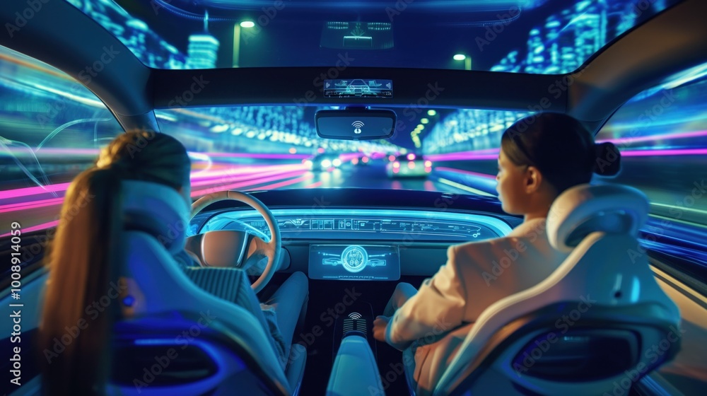 Woman sits inside self-driving car with futuristic dashboard, interface ...
