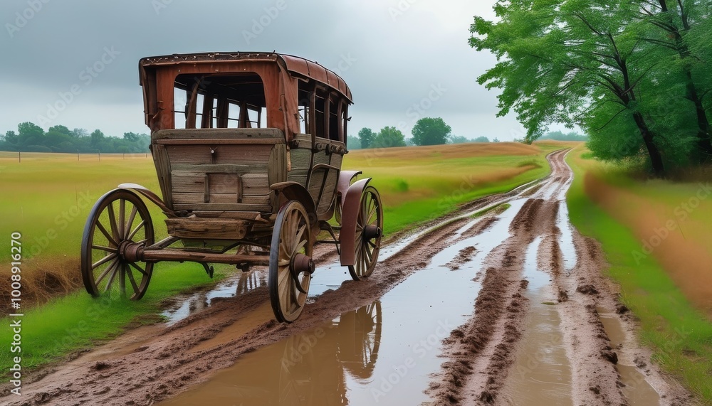 an abandoned old broken-down carriage in the middle of the roadway of ...