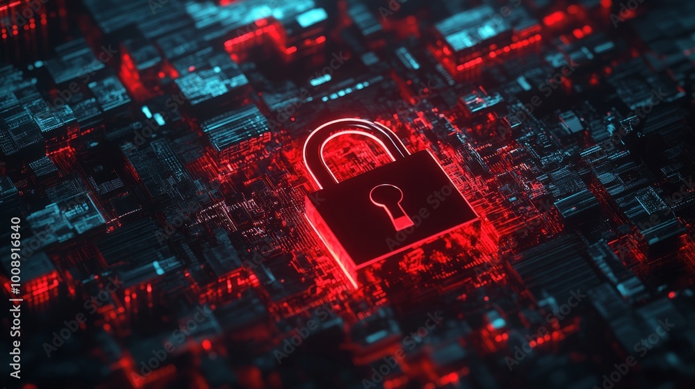 System hacked alert, red broken padlock with digital codes in the ...