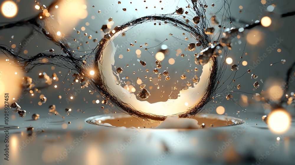 Luminous digital path with entangled wireframes and bright particle ...