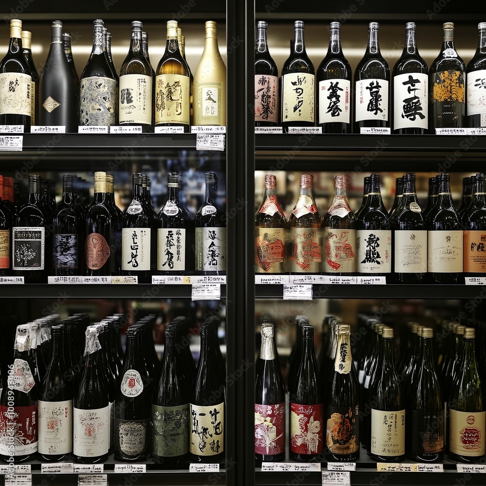 An assortment of Japanese wine and hard liquor bottles display neatly ...