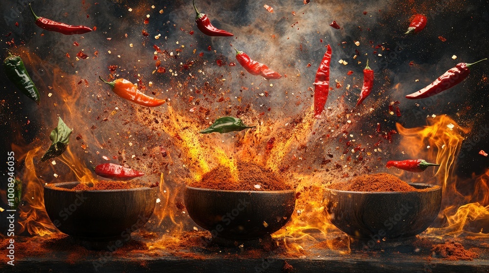 An intense image showcasing an explosion of hot spices and colorful ...