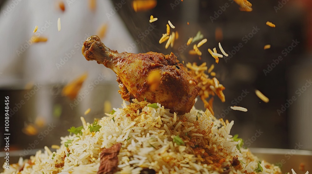 Chicken biryani in motion: flying rice, chicken, and spices coming ...