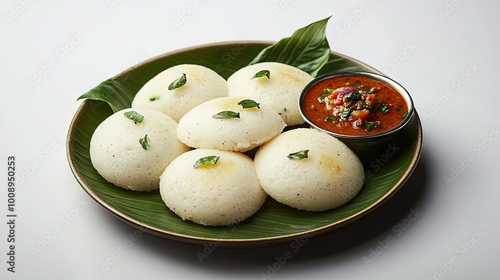 Flat lay of freshly made idlis with a drizzle of ghee and a side of ...
