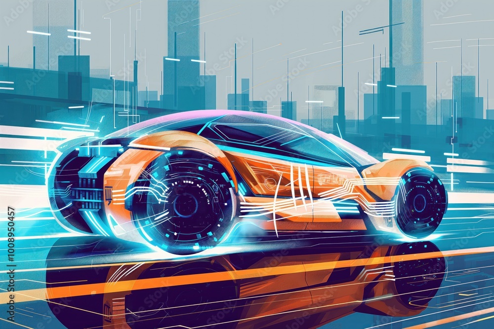 Illustration of futuristic autonomous car with advanced software ...