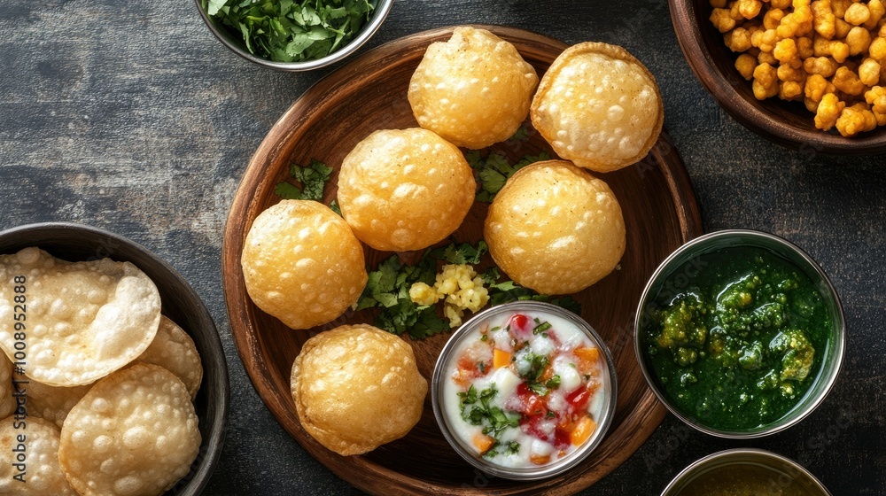 Overhead view of a serving of pani puri with various fillings, set ...