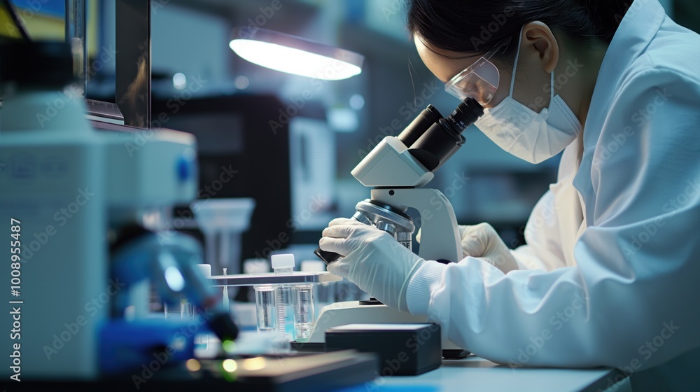 Laboratory technician conducts microscopic examination with reagents in ...