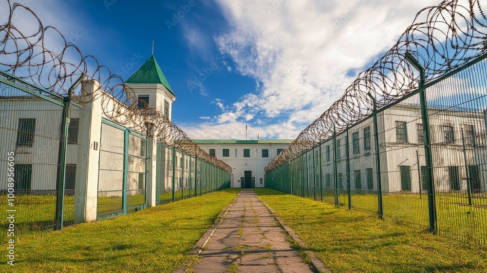 Front view of a maximum security prison establishment in the middle of ...
