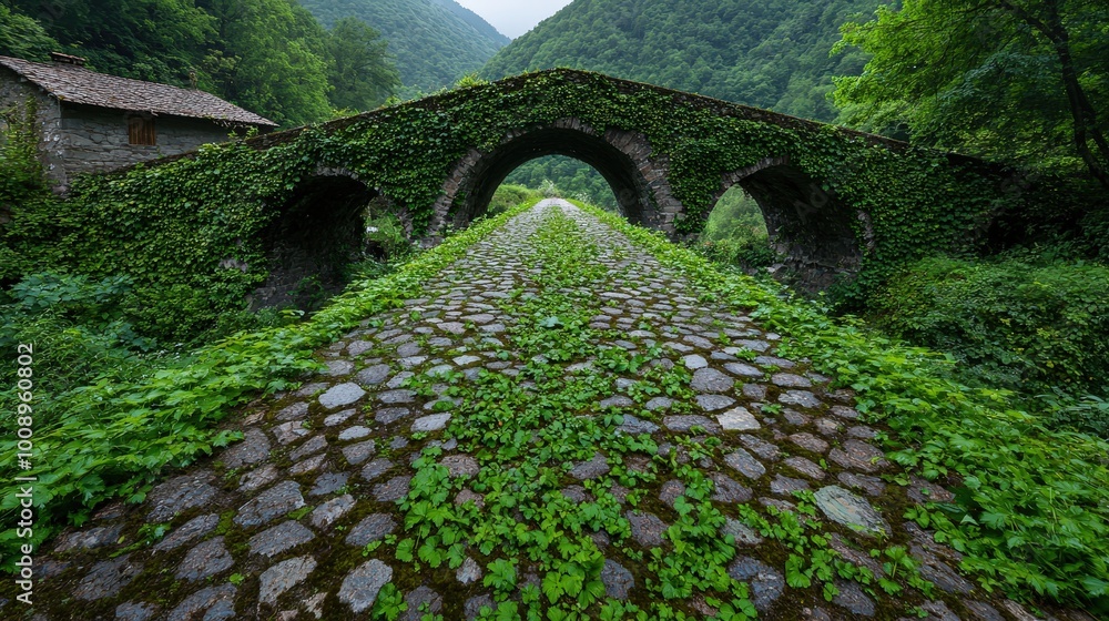 Captivating scene of an ancient stone bridge enveloped in lush greenery ...