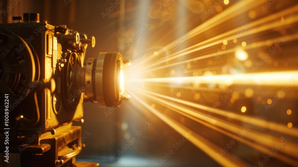 Vintage film projector casting vibrant beams of golden light. Concepts ...