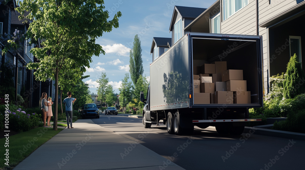 A large truck with open rear doors stands parked outside a family home ...