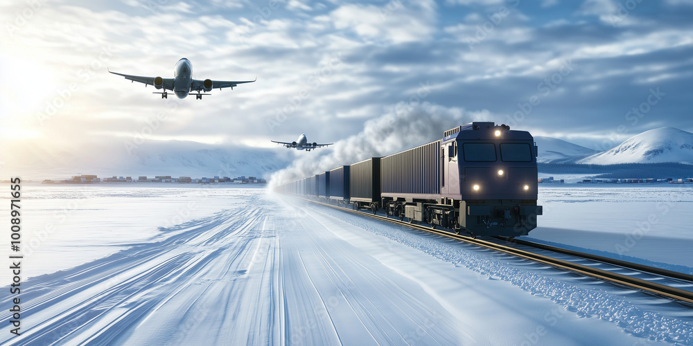 A freight train transporting shipping containers through a snowy tundra ...