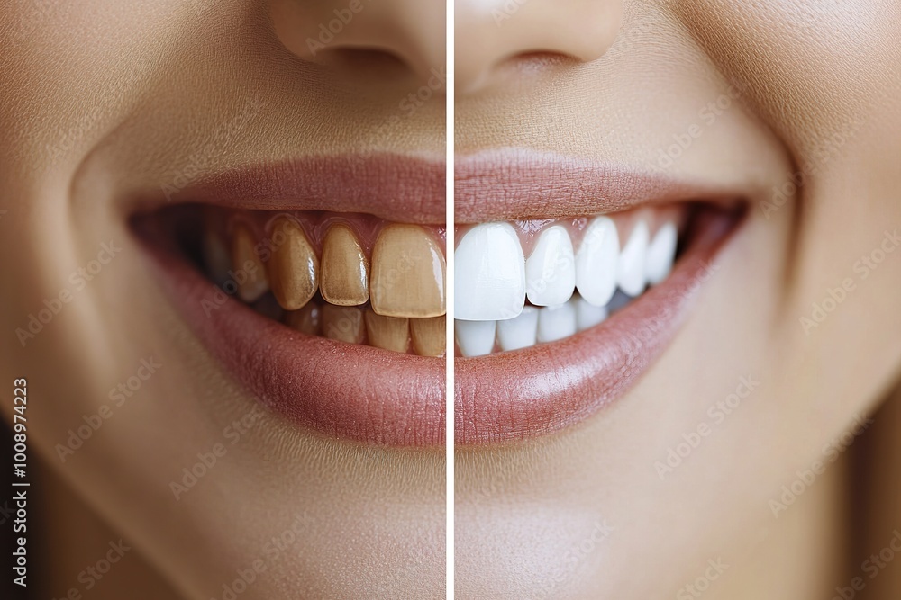 A before and after teeth composition showing brown color spots and the ...