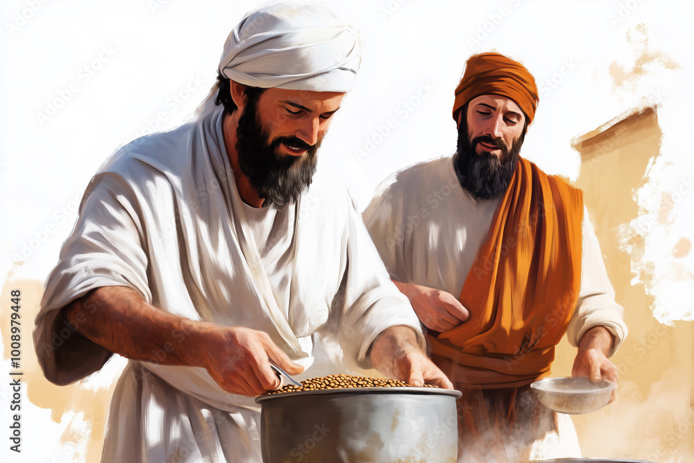 Biblical depiction of Jacob preparing lentil soup for Esau ...