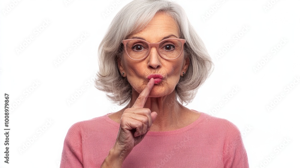 Old mature woman holding finger on lips mouth keep it quiet secret ...