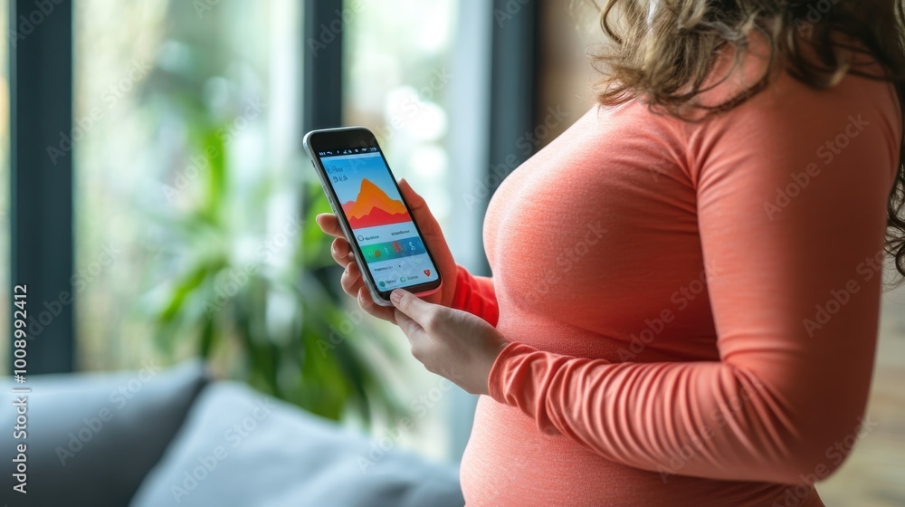 An obese woman using a fitness app on her phone, tracking her steps and ...