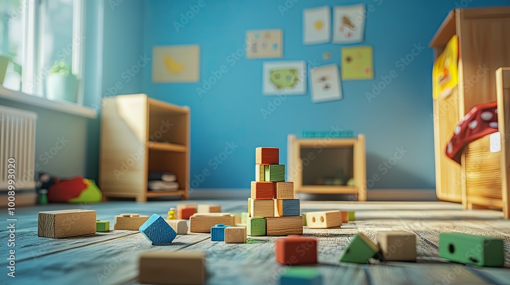 A childs messy room with wooden blocks scattered across the floor, and ...