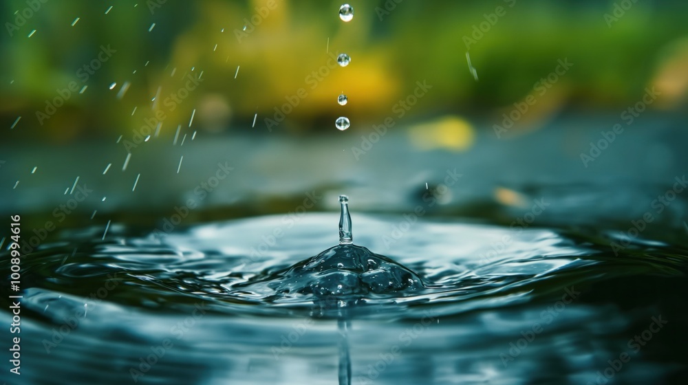 Single water droplet falls into calm puddle. Clear liquid drips into ...
