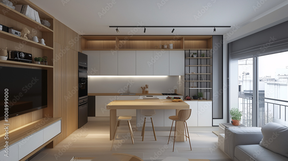 Open-plan studio with a compact, retractable kitchen island that ...