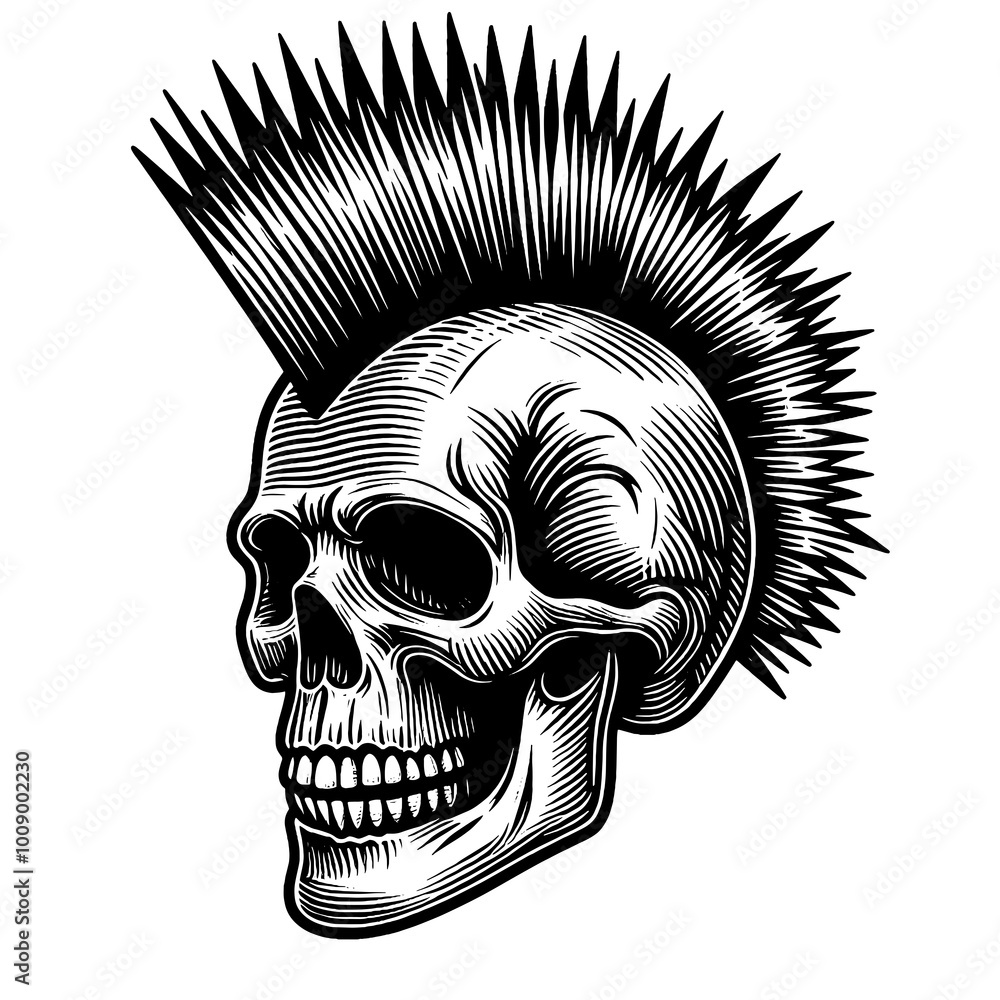 human skull with a bold spiked mohawk, embodying punk rock style and ...