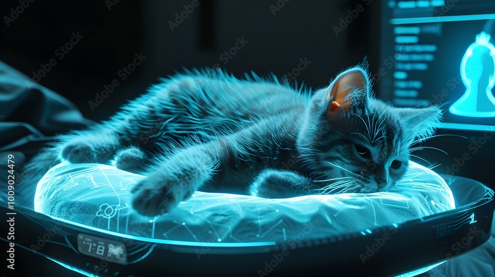 Futuristic Virtual Pet Cat Resting on Holographic Cushion with Floating ...