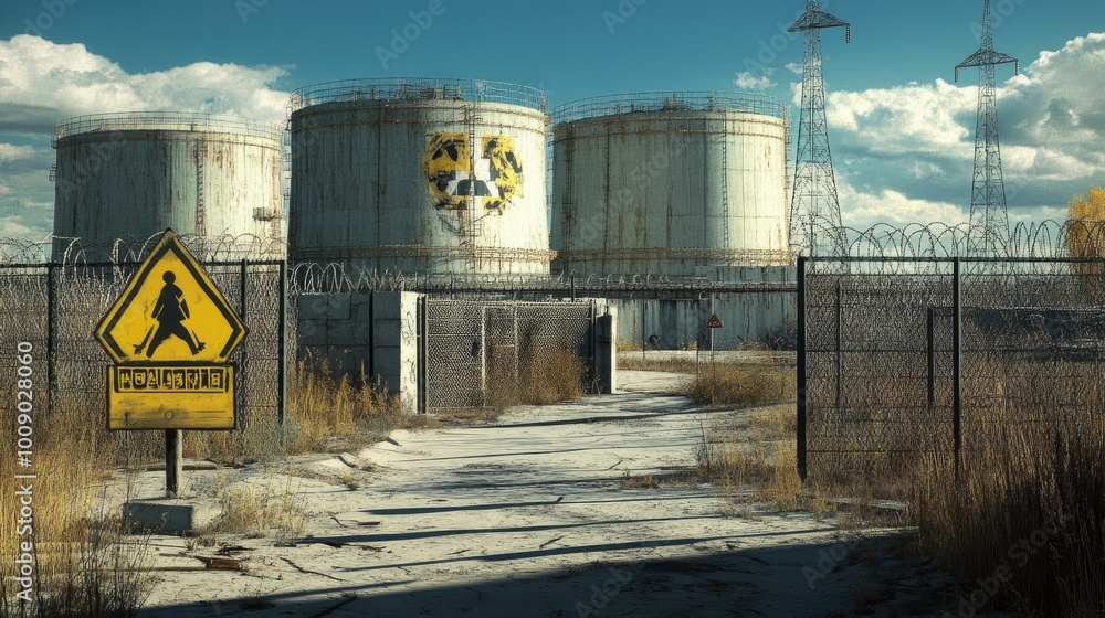 A nuclear waste disposal site with large concrete storage containers ...