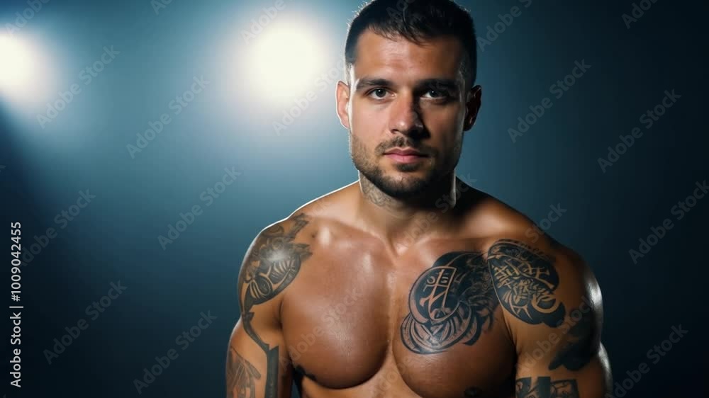 Muscular man with tattoos on his chest and arms standing shirtless in a ...