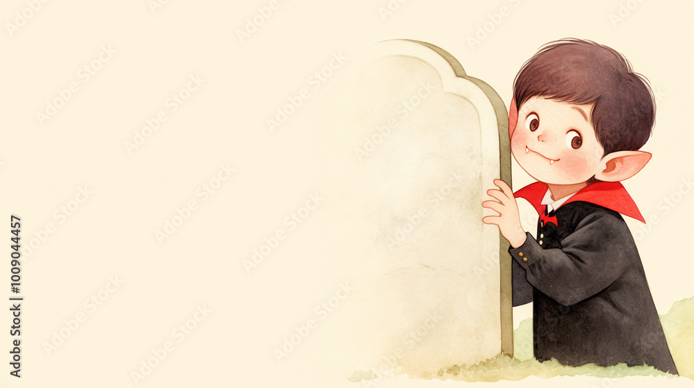 Playful vampire child in black and red vampire uniform, hiding behind a ...