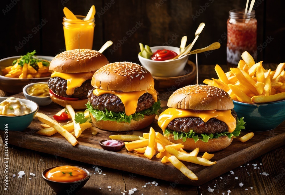 close vibrant indulgent fast food spread featuring colorful dips table ...