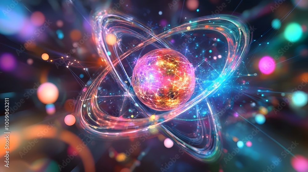 A quantum-inspired landscape where vibrant electron orbitals (s, p, d ...