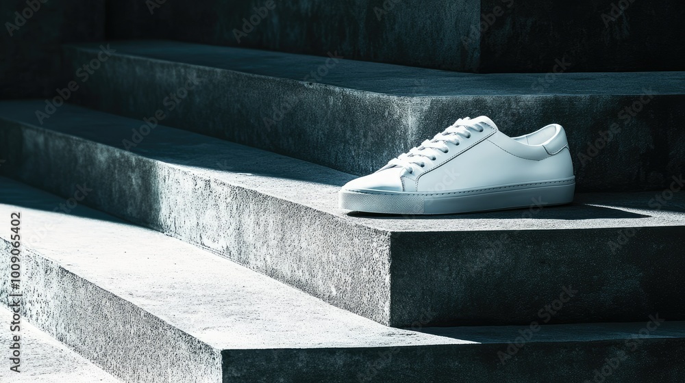 A single white leather sneaker placed on a minimalist concrete step ...