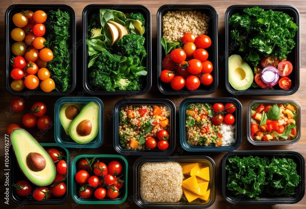 colorful attractive flat lay display numerous meal prep boxes filled ...