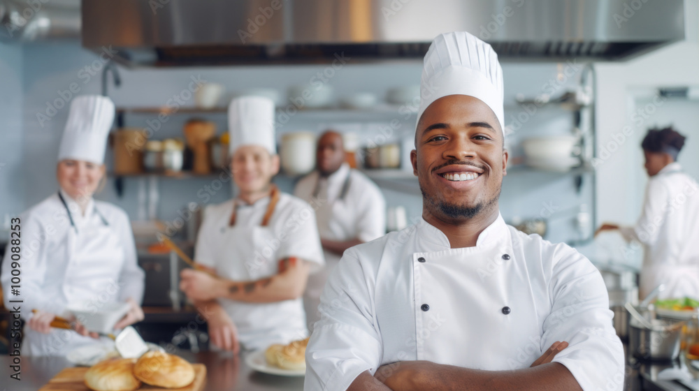 Smiling chef stands confidently in a busy professional kitchen ...