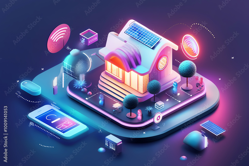 Modern concept of a miniature futuristic house with floating structures ...