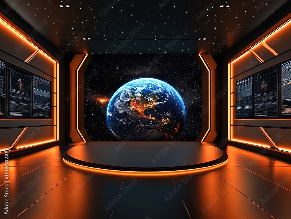 Dynamic Multimedia Presentation Space: Modern Tech Podium with Earth ...