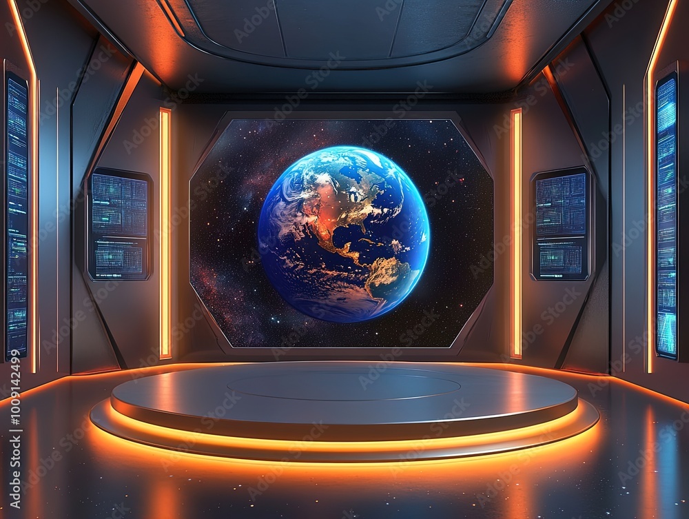Dynamic Multimedia Presentation Space: Modern Tech Podium with Earth ...