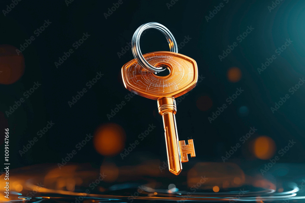 A glowing, futuristic key hovers in the air, illuminated by holographic ...
