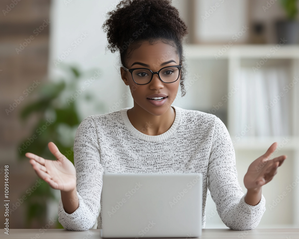 Young Black woman participates in a virtual video call while working ...