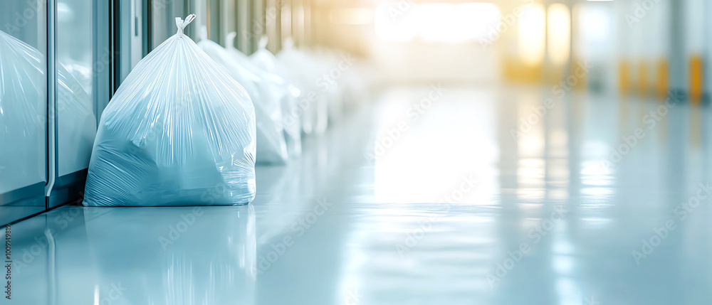 Clean empty corridor with garbage bags positioned on the floor ...
