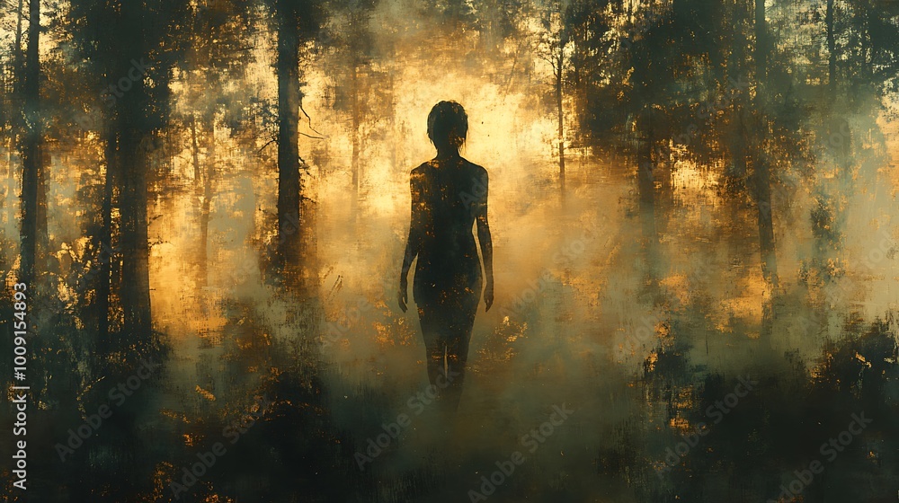 13. A forest portrait of a person walking among towering trees, with ...
