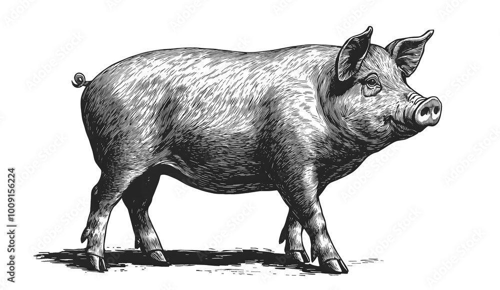Pig, hog, boar. Vintage retro print, black white pig sketch ink pencil ...