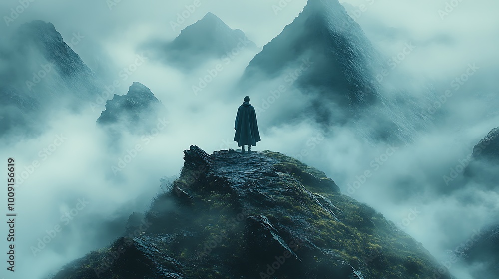 20. A layered image of misty effects rolling over a mountain, with a ...