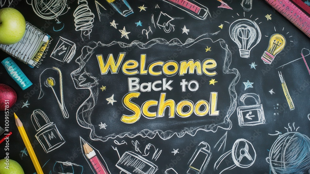 Chalkboard design with "Welcome Back to School" and various school ...