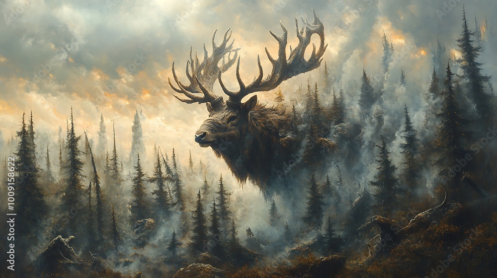 31. A wildlife art piece where forest animals blend into a misty ...