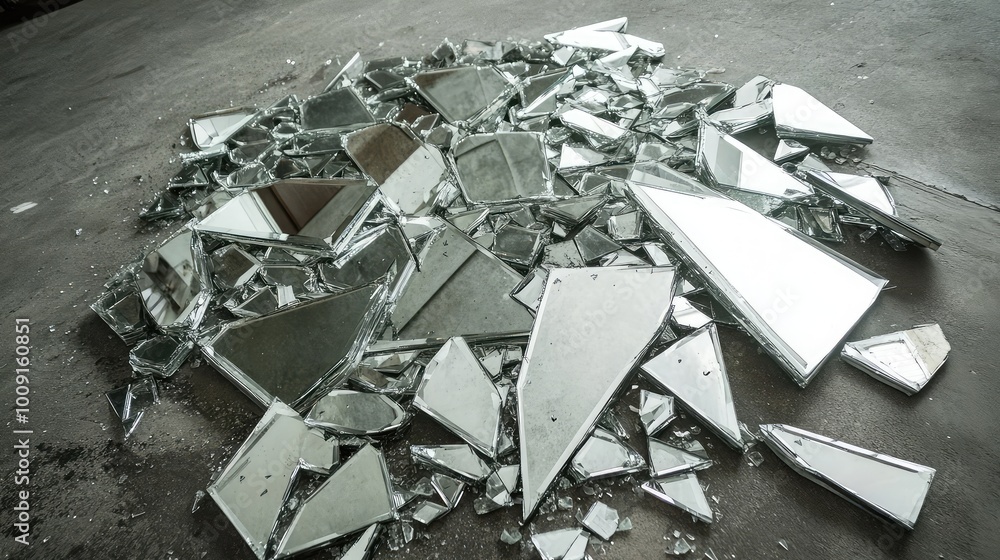 Shattered mirror fragments lie scattered on a desolate floor, each ...