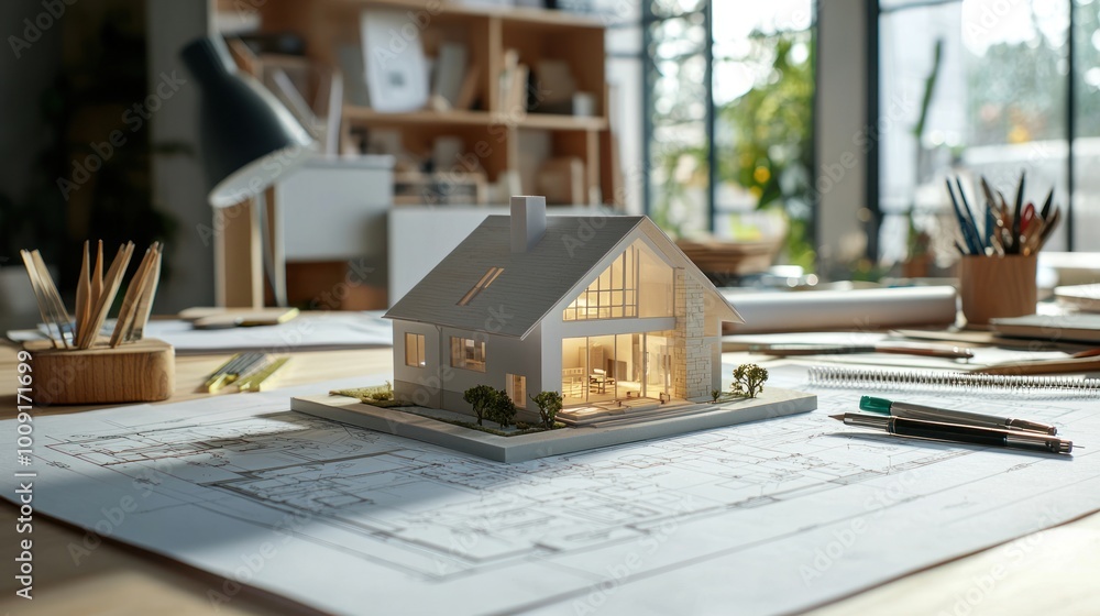 Architectâ€™s desk featuring a model house and blueprint spread out ...