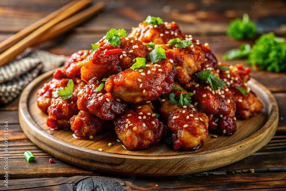 Crispy Korean Dakgangjeong Chicken Glazed with Sweet and Spicy Sauce on ...