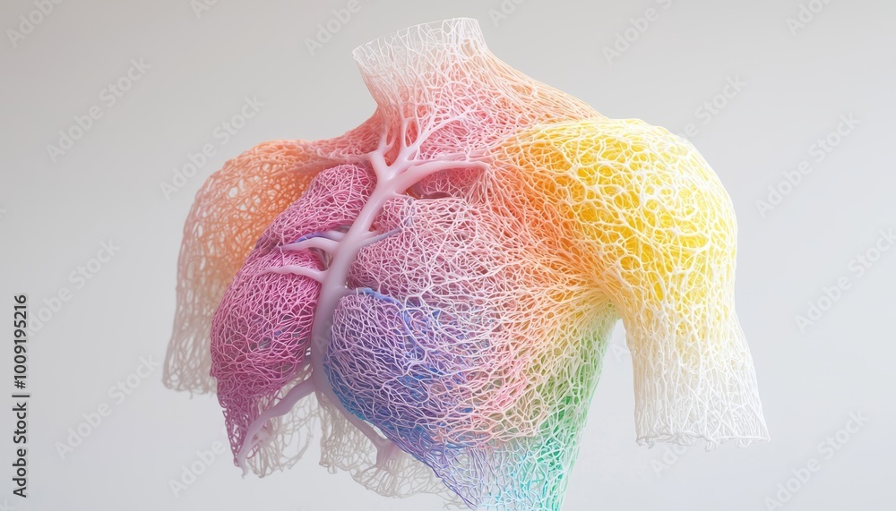A 3D cross-section of the upper body, focusing on the lymphatic network ...
