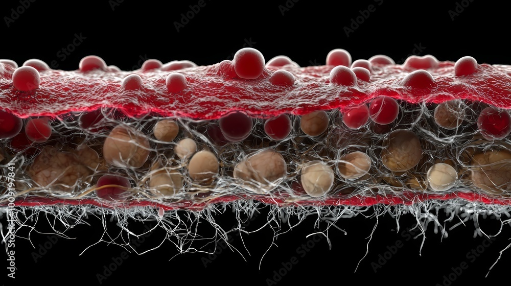 A 3D model of the skin showing the hypodermis, with fat cells and blood ...