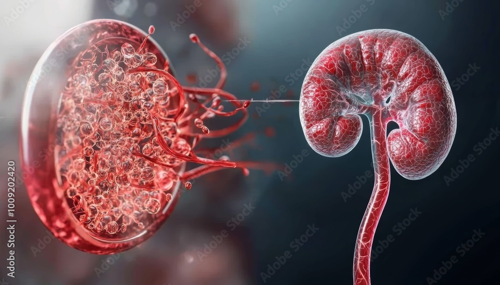 A close-up 3D diagram of the nephron inside the kidney, showing the ...